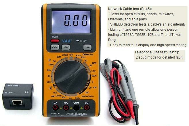 V&A VA16 LCD-Multimeter U,I,R & Network Cable Tester RJ-45,