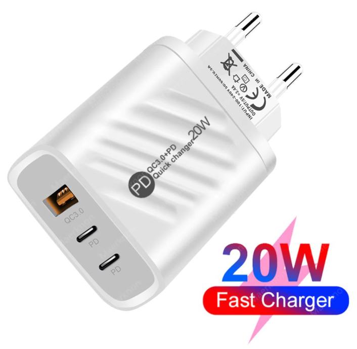 Punjač 20W brzi zidni 2 PD QC3.0 +USB 5v-2.1A iPhone 12 13 14 Samsung