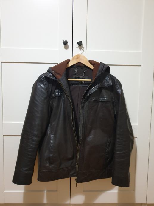 Muska kožna jakna smeđa boja sa kapuljačom (veličina: M)