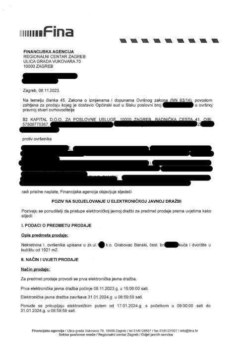 Kuća: Grabovac Banski, 1921 m2, DRAŽBA (prodaja)