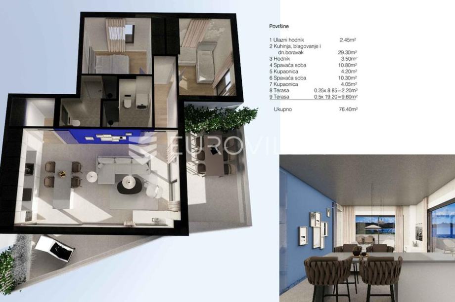 Otok Pag, plaža Perilo, trosoban stan u luksuznoj novogradnji PRVI RED (prodaja)