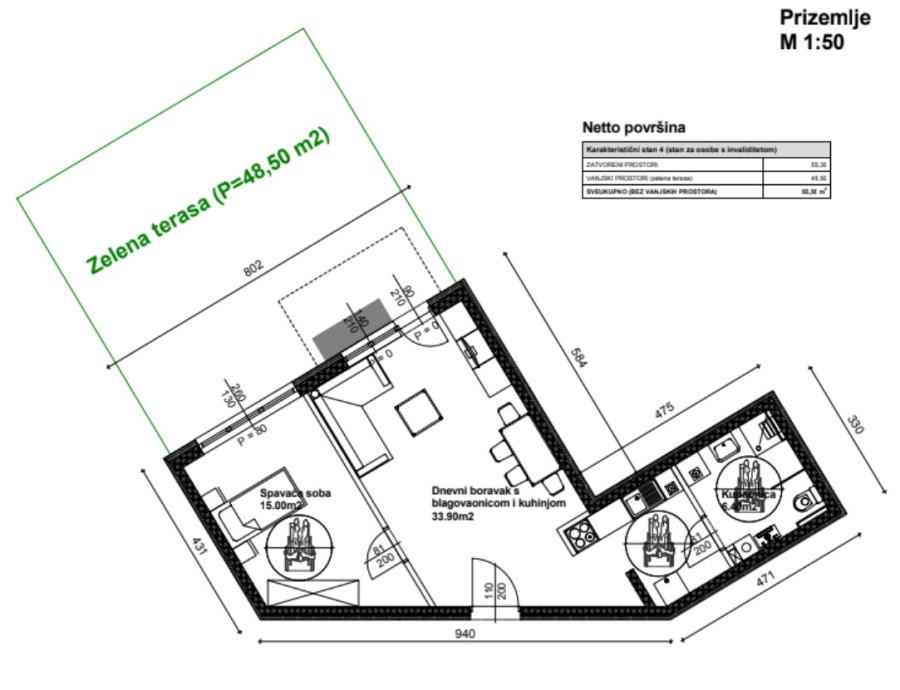 STAN 55,30 m2 + ZEL.TERASA 48,50 - PRILAGOĐEN OSOBAMA S INVALIDITETOM ...
