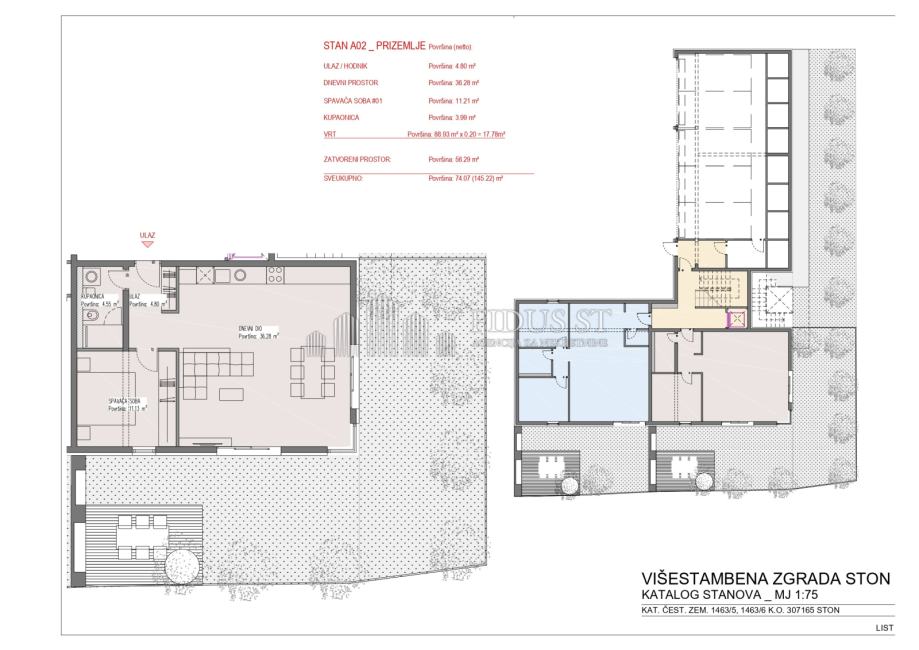 PELJEŠAC, STON, jednosoban stan 56m2 + vrt 89m2, novogradnja (prodaja)