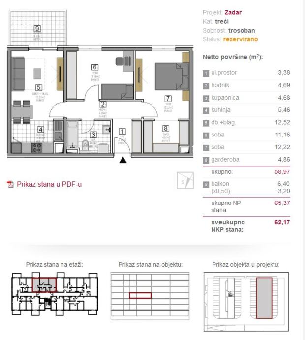 Stan: Zadar, 62.17 m2, novogradnja (prodaja)