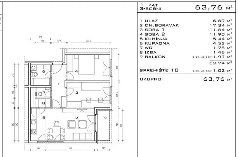 Stan: Zagreb(Špansko),64.00m2, novogradnja, vrhunski tlocrt (prodaja)
