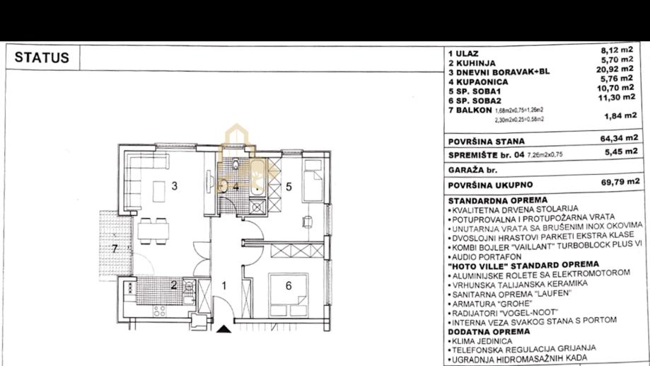 Trosoban svijetli stan, 70 m2, Hoto vile (prodaja)