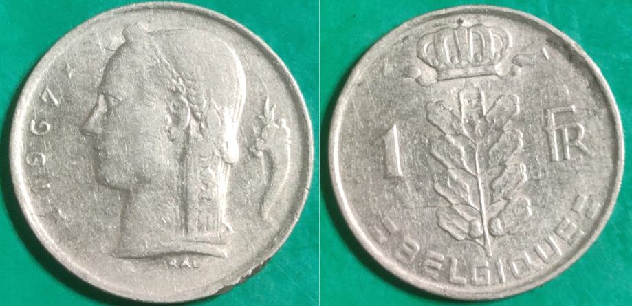 Belgium 1 franc, 1967 Legend in French - BELGIQUE