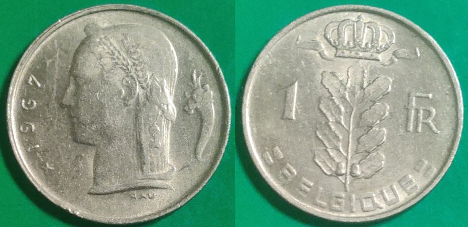 Belgium 1 franc, 1967 Legend in French - BELGIQUE