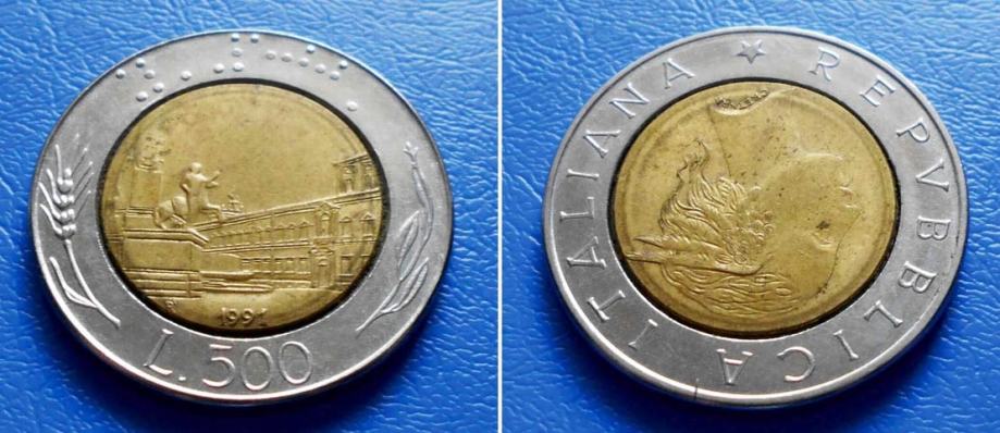 ITALIJA ITALY 500 LIRA 1991 R KM.111 BIMETAL - TRG U RIMU