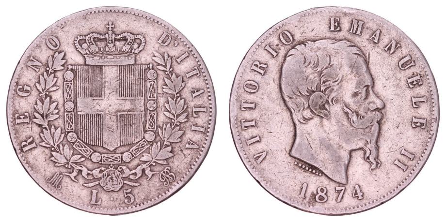 ITALY 5 lire 1874 / Silver / VF (Ref.br. K-100.302)