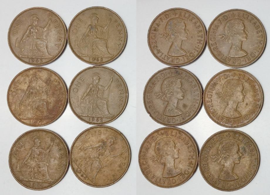 TA.306) VELIKA BRITANIJA 1 penny lot kovanica / 6 komada