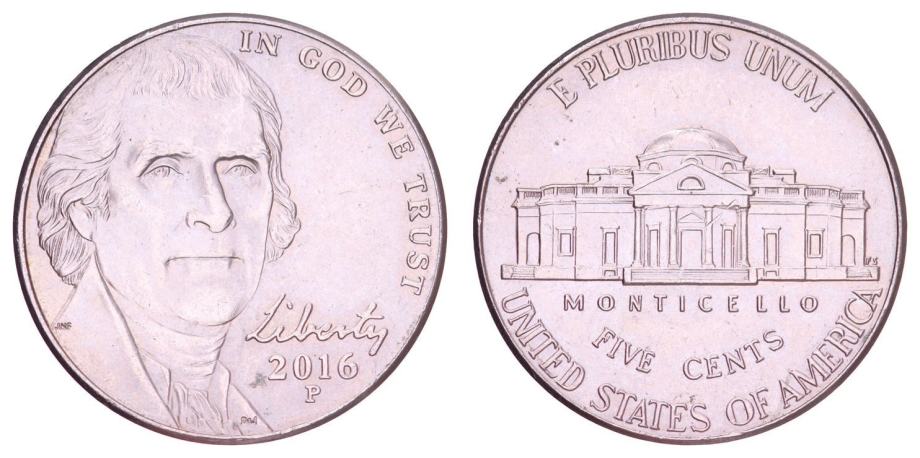 UNITED STATES OF AMERICA 5 cents 2016P / Jefferson Nickel / XF (Ref.br