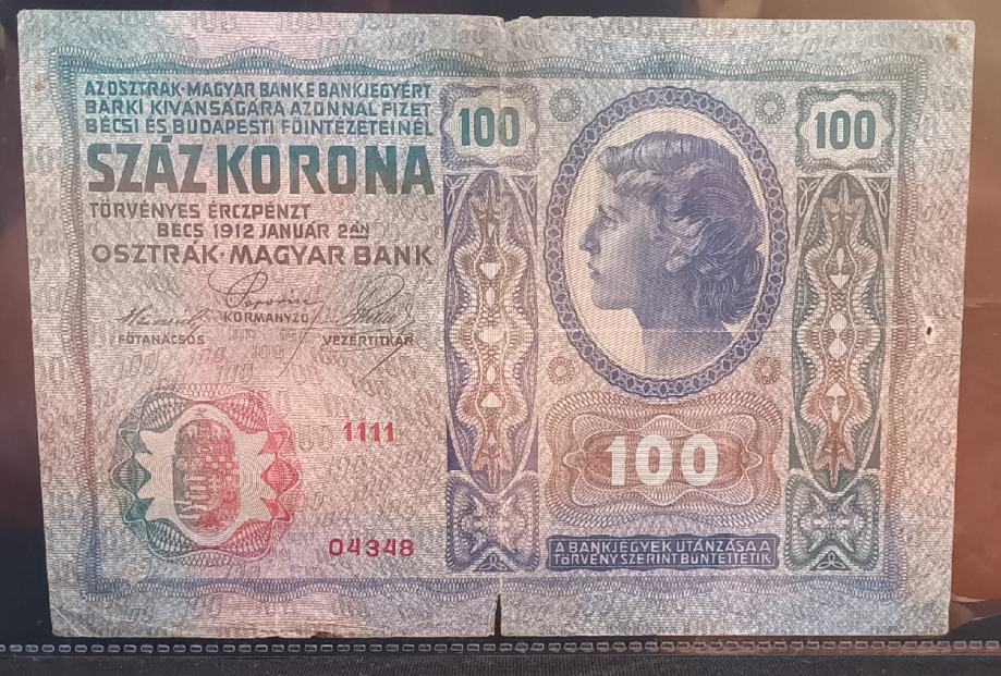 AUSTRO-UGARSKA 100 KORONA/KRONEN 1912 SERIJSKI BROJ 1111 RIJETKO! (11)