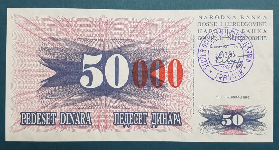 BOSNA I HERCEGOVINA BiH 50 000 DINARA 1993. TRAVNIK, PEČAT, NOVA