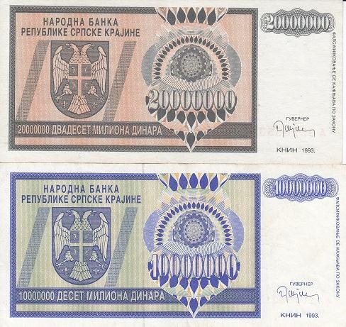 2 novčanice Narodne banke Republike Srpske Krajine iz 1993