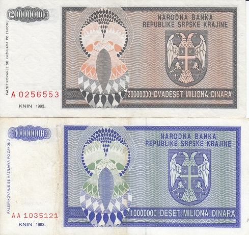 2 novčanice Narodne banke Republike Srpske Krajine iz 1993