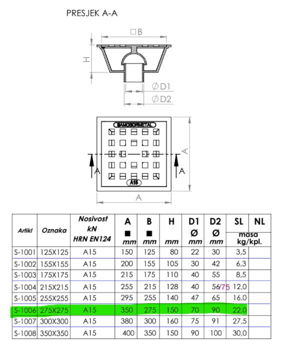 Kišna rešetka 275x275 sa sifonom, dvorišni slivnik