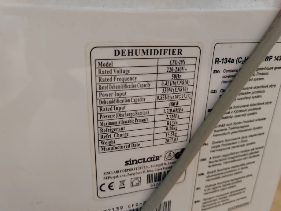 ODVLAŽIVAČ VLAGE SINCLAIR CFO-20N