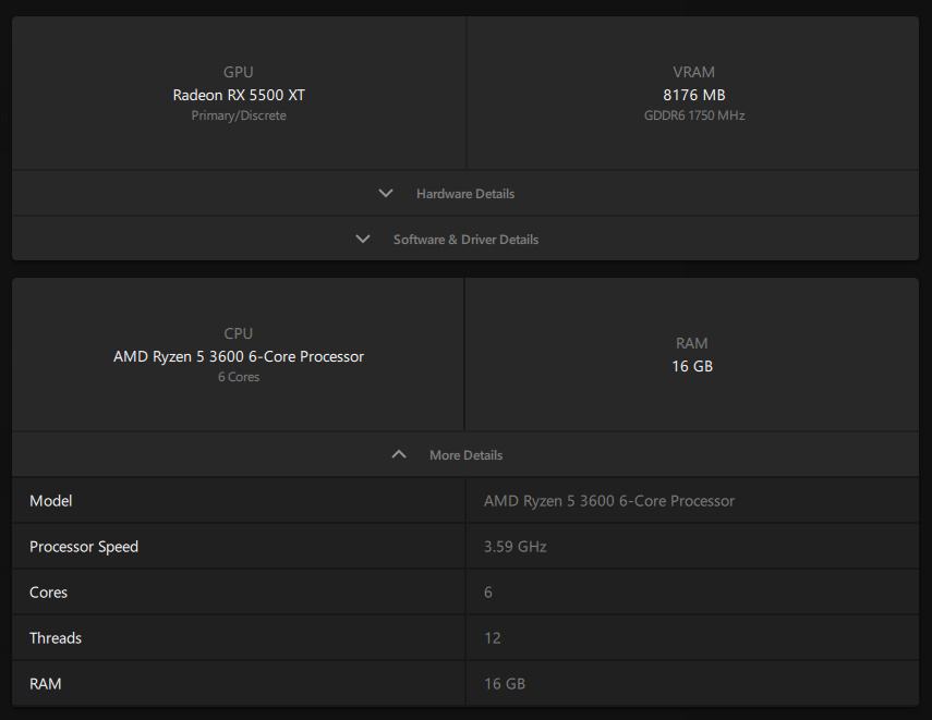 PC: Ryzen 5 3600, RX 5500 XT, 16GB, 500GB SSD M2