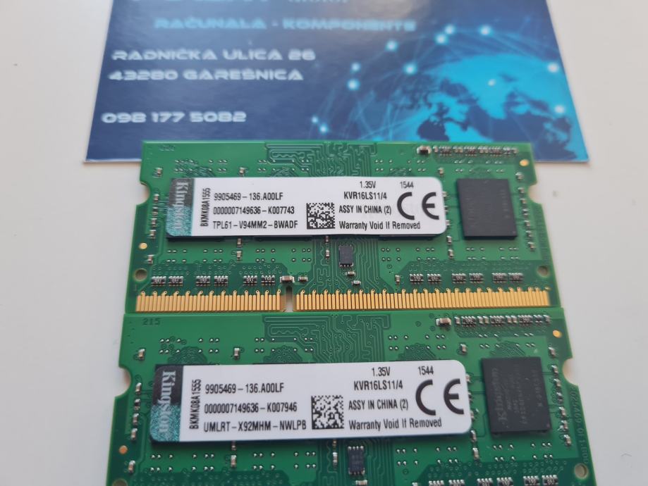 Kingston 8GB (2x4GB) DDR3, PC3L 1Rx8 12800S, 1600 MHz, SODIMM, Račun