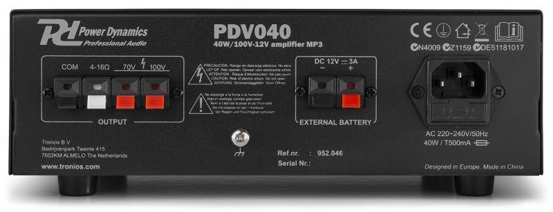 Tronios Power Dynamics PDV040 40W/100V-24V AMPLIFIER MP3