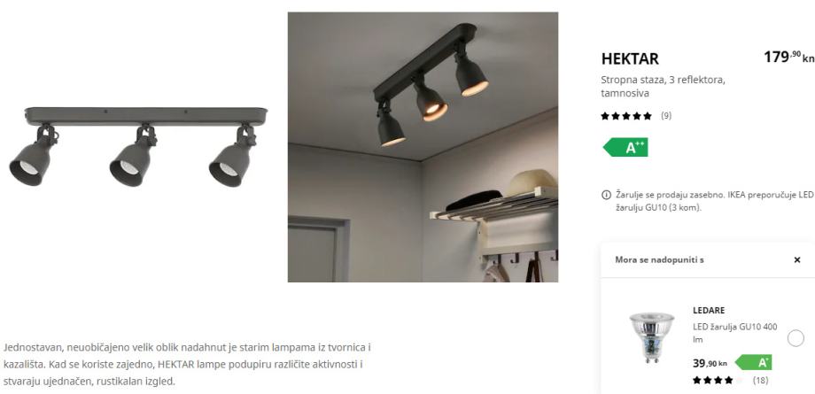 PRODAJEM-IKEA HEKTAR Stropna staza, 3 reflektora, tamnosiva