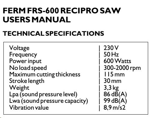 FERM FRS-600 Recipročna pila - lisičji rep