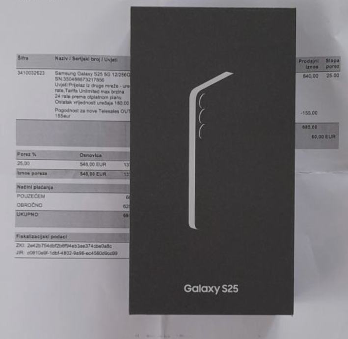 SAMSUNG GALAXY S25 5G 256GB ICY BLUE NOVO ZAPAKIRANO RAČUN