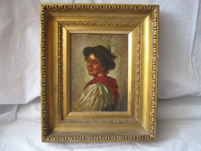 DEČKO SA ŠEŠIROM POTPIS GORE LIJEVO ULJE NA DASCI AUSTRIJSKI SLIKAR