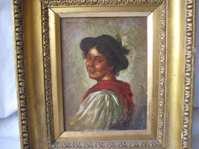 DEČKO SA ŠEŠIROM POTPIS GORE LIJEVO ULJE NA DASCI AUSTRIJSKI SLIKAR