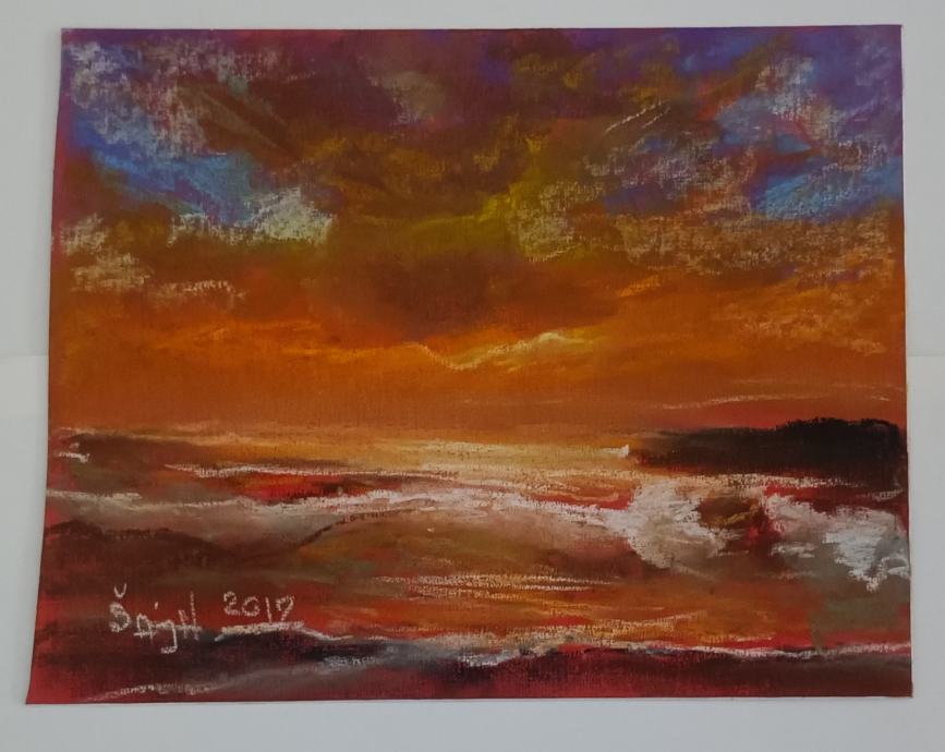 Obzor u zalasku sunca, suhi pastel, paspart karton