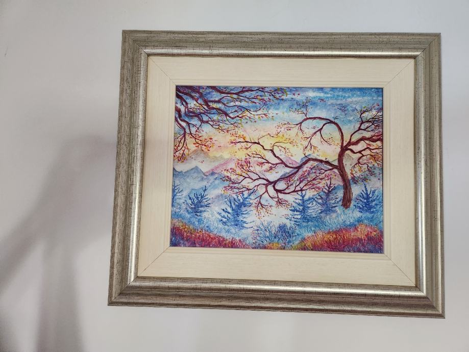 Slika na platnu, uramljena, šuma i planine, jesen