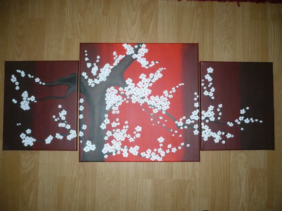 Triptih umjetnička trodjelna slika trešnjino drvo