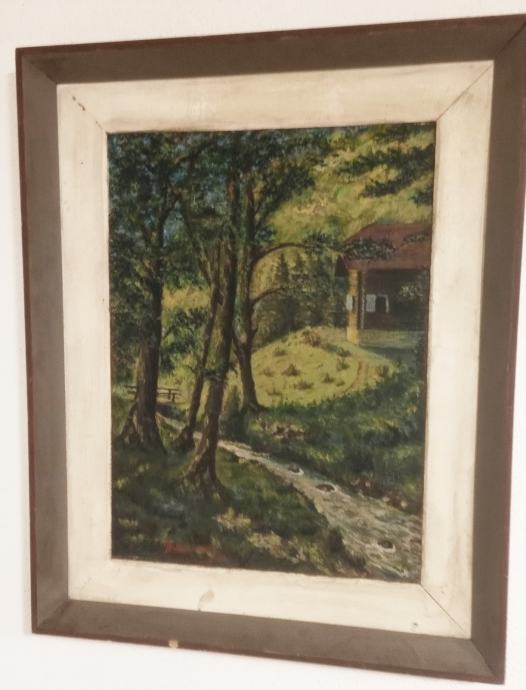 Umjetnička slika D. Mihanović, pejzaž, ulje na šperi, 1965. g.