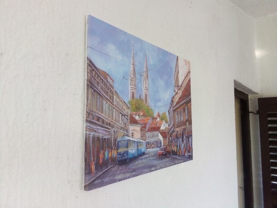 Umjetnička slika Zagreb - katedrala i tramvaj