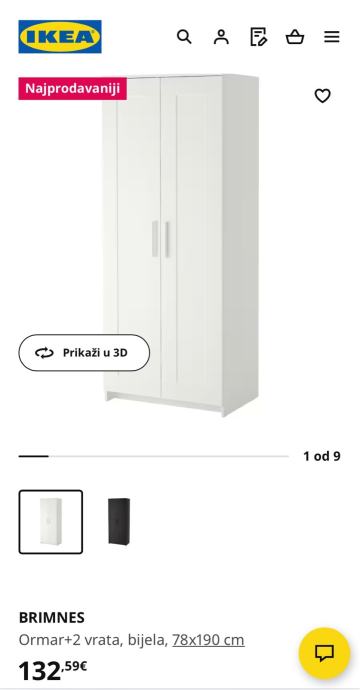 Ormar BRIMNES / IKEA, dvokrilni, bijeli / 190 x 78 cm