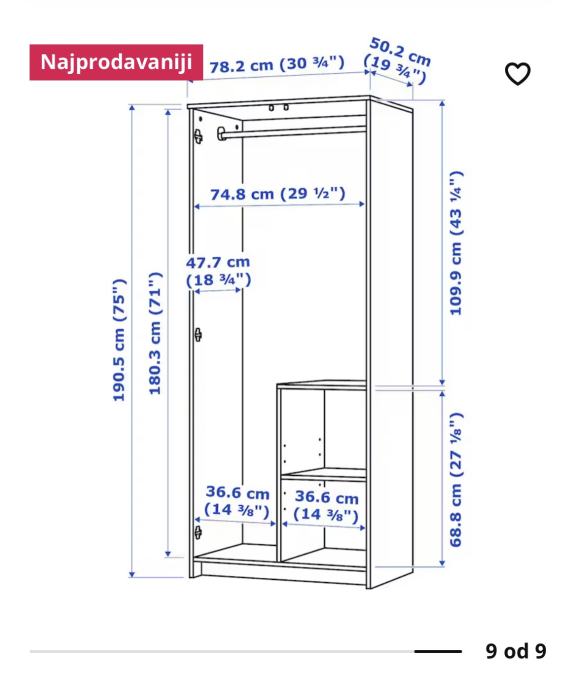 Ormar BRIMNES / IKEA, dvokrilni, bijeli / 190 x 78 cm