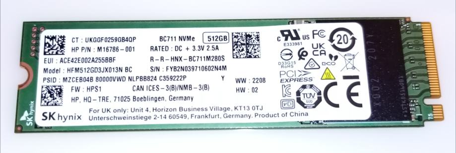 SSD SK Hynix 512GB M.2 2280 NVMe BC711 P/N: HFM512GD3JX013N