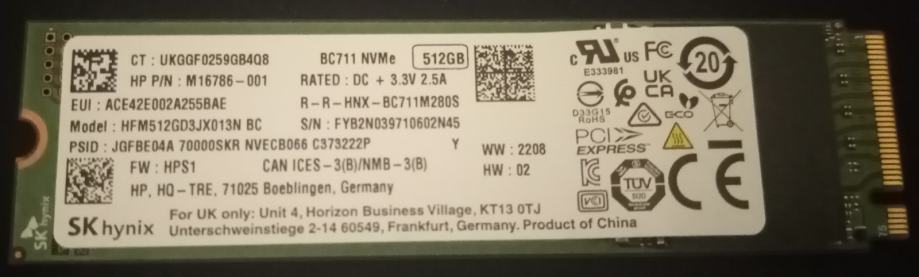 SSD SK Hynix 512GB M.2 2280 NVMe BC711 P/N: HFM512GD3JX013N