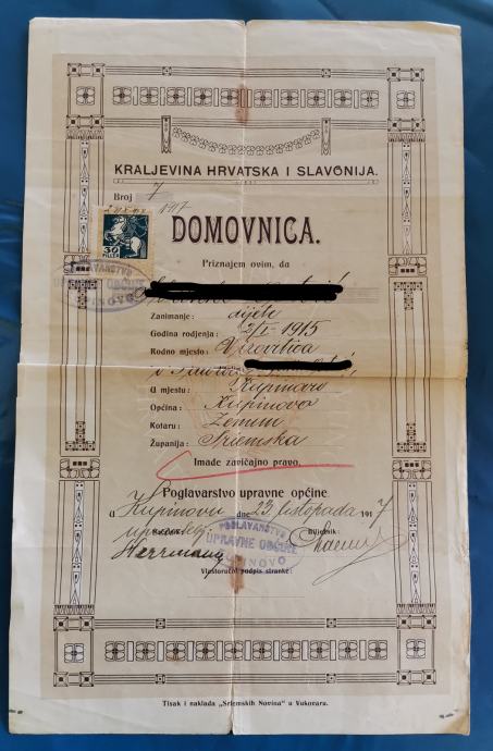 ORIGINAL DOMOVNICA KRALJEVINE HRVATSKE I SLAVONIJE IZ 1917. GODINE