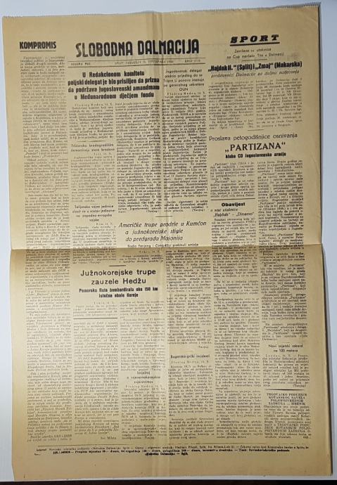 SLOBODNA DALMACIJA, DNEVNE NOVINE, 4 stranice, 1950. g.