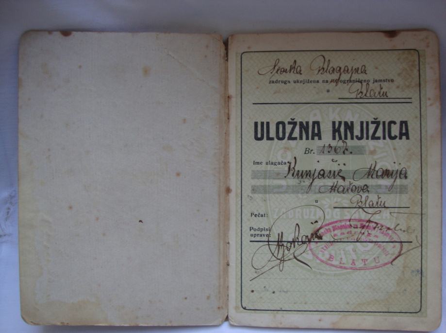 ULOŽNA KNJIŽICA iz 1920.godine otok Korčula -BLATO-stari tekući račun