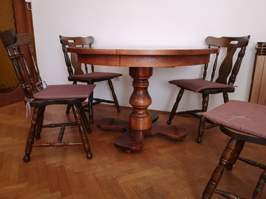 Okrugli stol na razvlačenje+4 stolice puno drvo