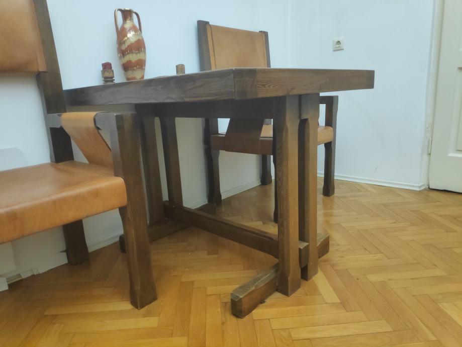 UNIKAT - Stol + 4 stolice, puno drvo, prava koža