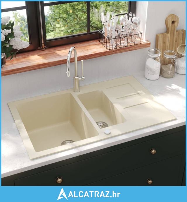 Granitni kuhinjski sudoper s dva korita bež - NOVO