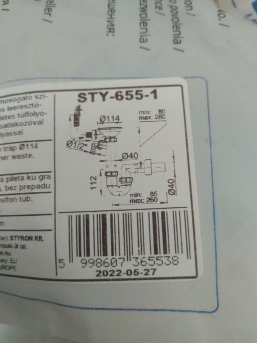 Sifon za sudoper Styron 1/1, s preljevom, promjer 115 mm NOVO