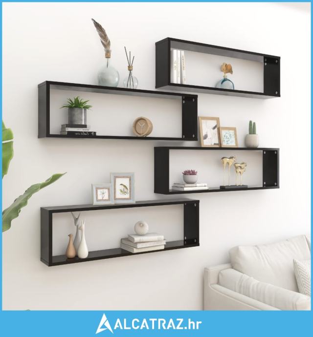 Kockaste zidne police 4 kom crne 100 x 15 x 30 cm od iverice - NOVO