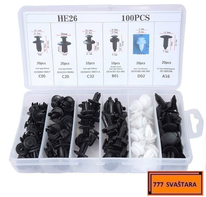 Kopče univerzalne plastične motor / auto - set 100 kom - m1