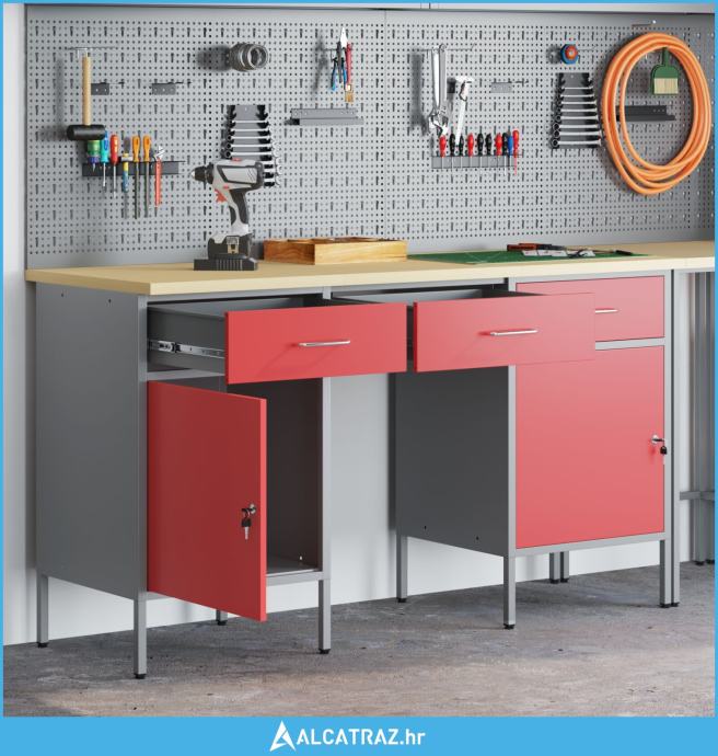 Set radnog ormara i stola od tri dijela u crvenoj boji, od drva i čeli