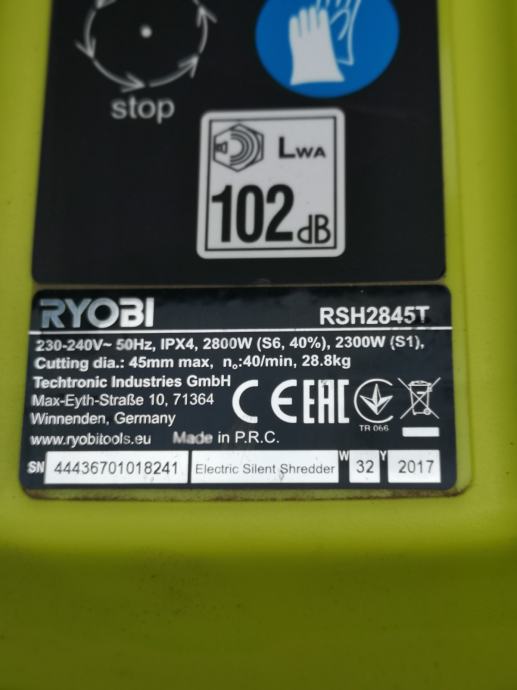 Drobilica za granje Ryobi RSH2845T, električna 2800w, nekorištena